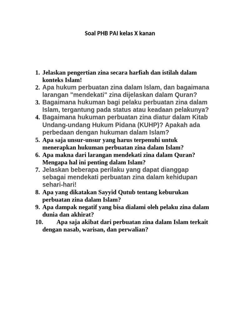 Soal PHB PAI kelas X kanan 2024 | PDF