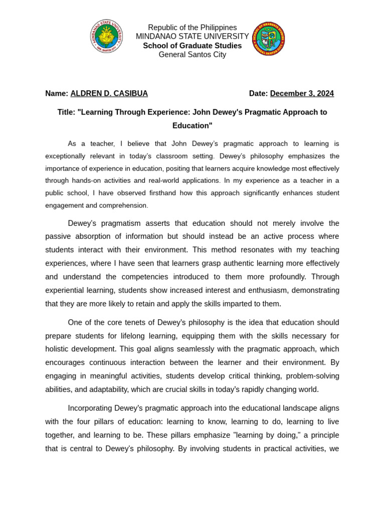 Learning Through Experience: John Dewey's Pragmatic Approach to ...