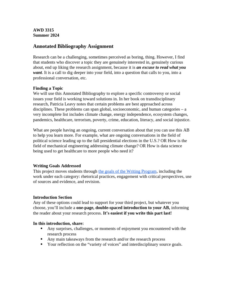 Annotated Bibliography Assignment Guidelines Summer 2024 | PDF ...