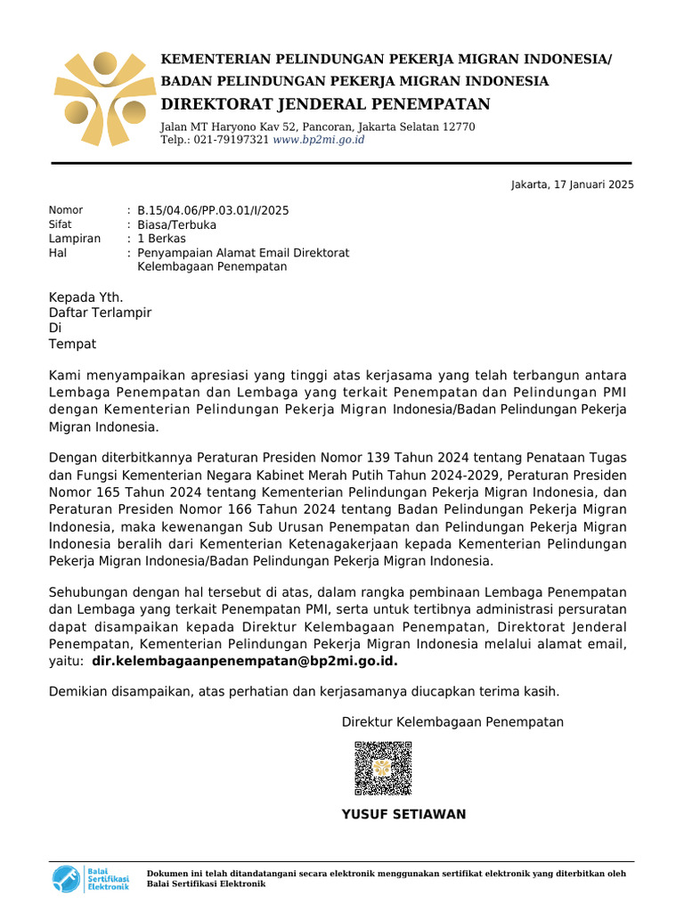 20250117-103453-Penyampaian Alamat Email Direktorat Kelembagaan Penempatan | PDF