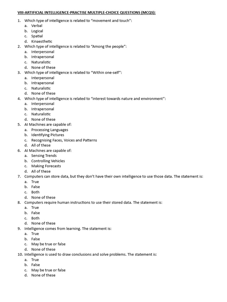 Viii Ai Multiple Choice Questions | PDF | Artificial Intelligence | Intelligence (AI) & Semantics