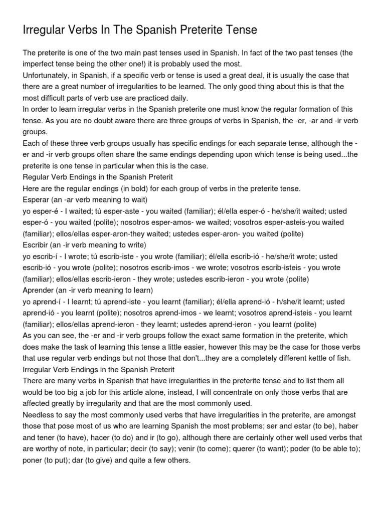 Irregular Verbs in The Spanish Preterite Tense | PDF | Grammatical ...