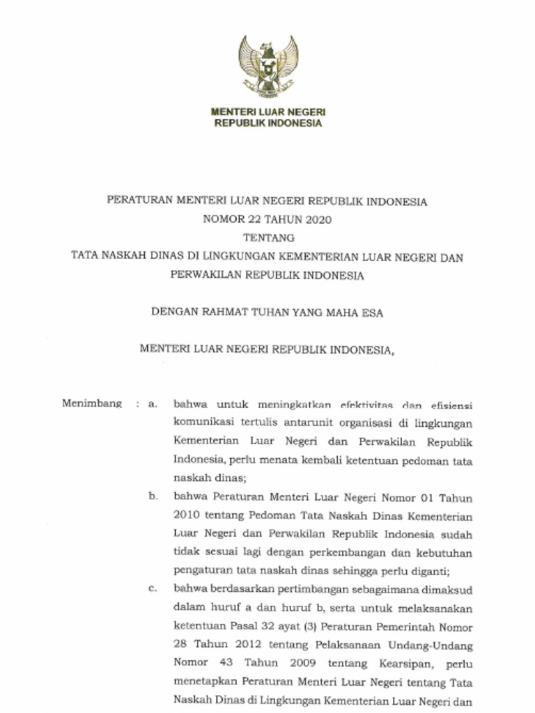 Permenlu Nomor 22 Tahun 2020 Tentang Tata Naskah Dinas Di Lingkungan ...