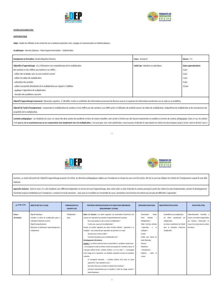 Planification de la multiplication 4e année | PDF | Multiplication ...