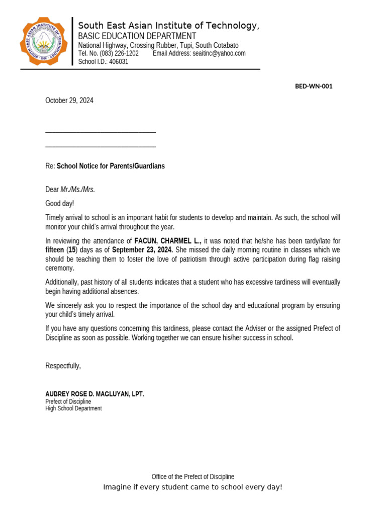 School Notice For ParentsGuardians | PDF