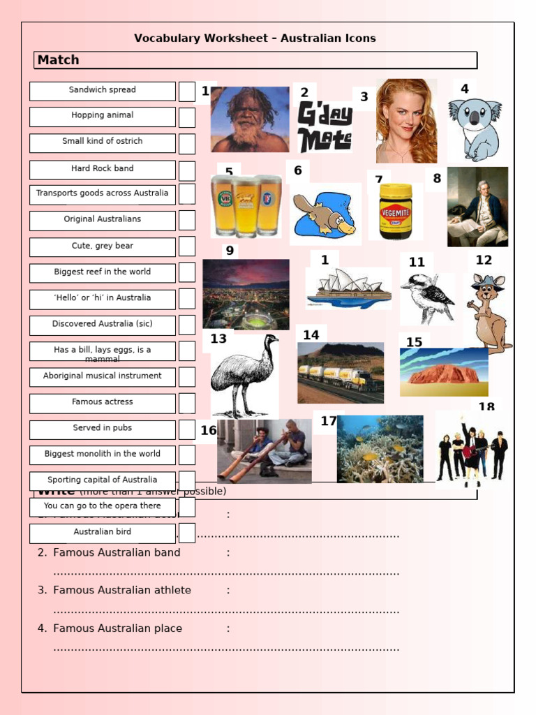 Vocabulary Matching Worksheet Quiz Australian Icon Fun Activities Games ...