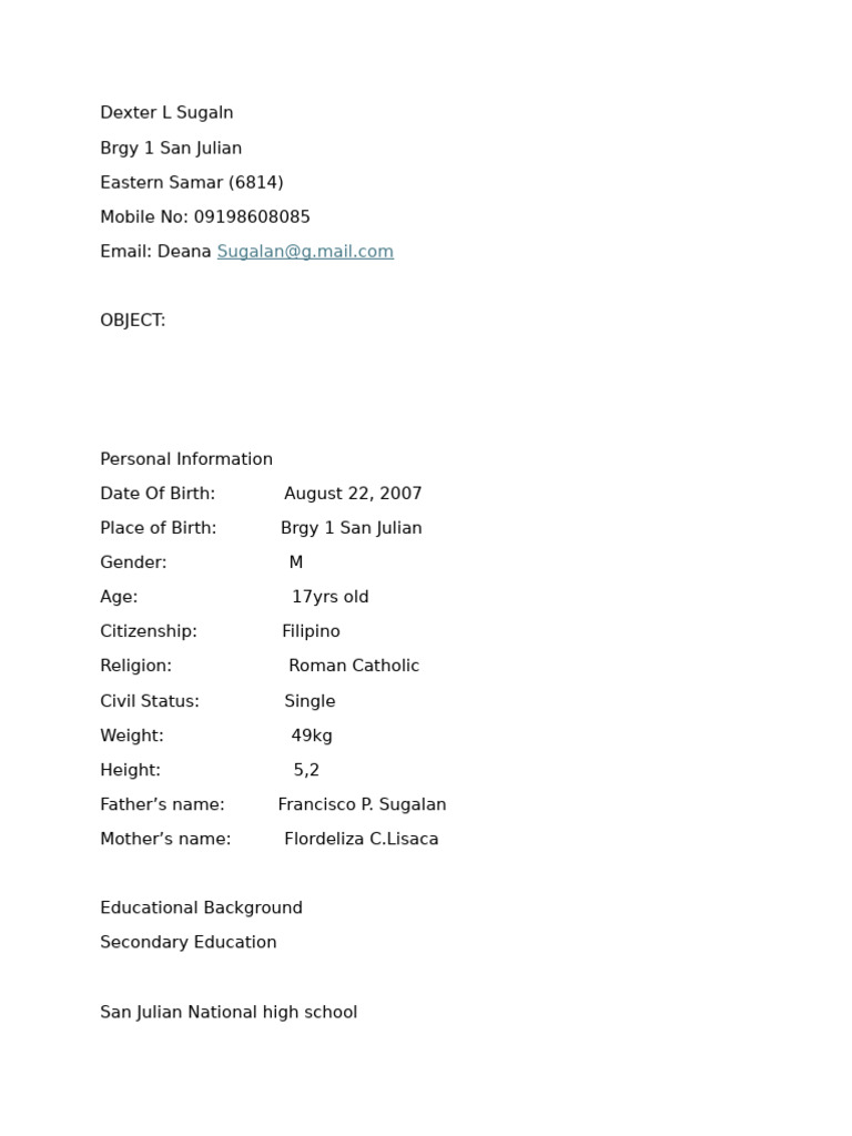 Personal Information of Dexter L. Sugalan | PDF