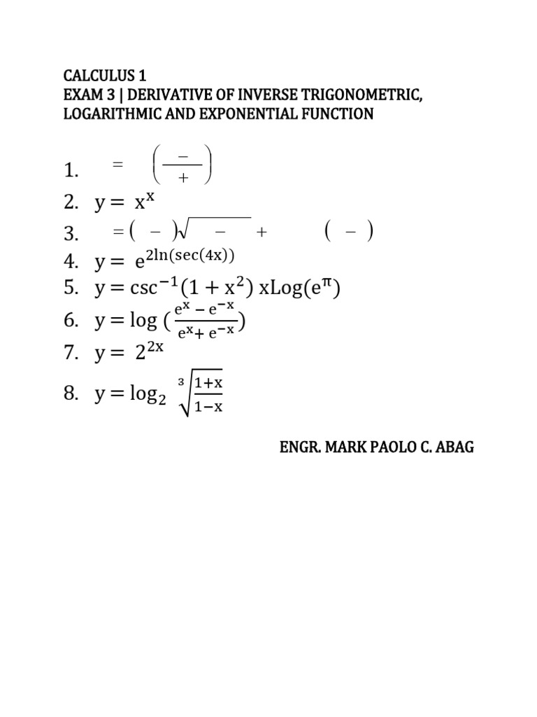 Exam 3 Derivatives of Inverse Trigonometric Exponential and Logarithmic ...