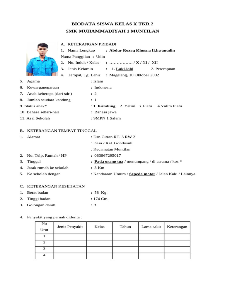 Biodata Siswa Kelas X TKR 2 | PDF