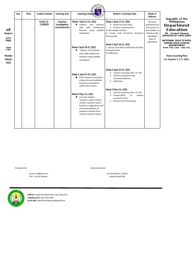 WHLP Weeks 1-8, Q4 INQUIRIES FINAL | PDF | Learning | Cognition