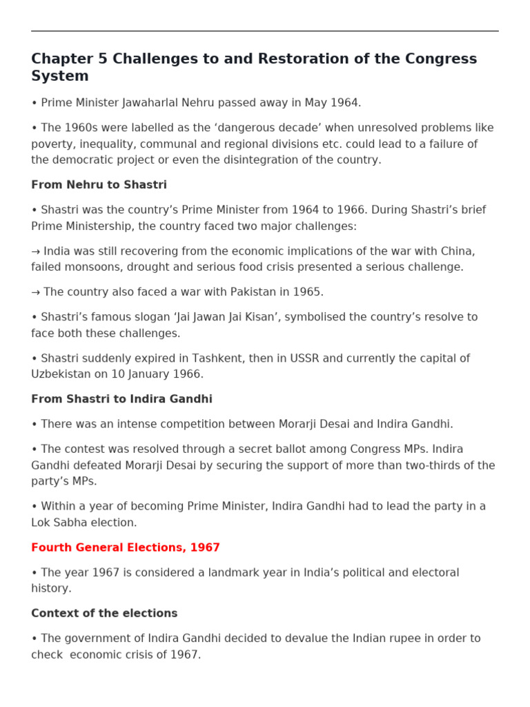 Challenges To and Restoration of The Congress System | PDF | Indian ...