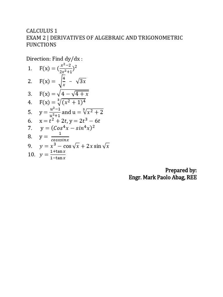 Exam 2 Derivatives of Algebraic and Trigonometric Functions | PDF