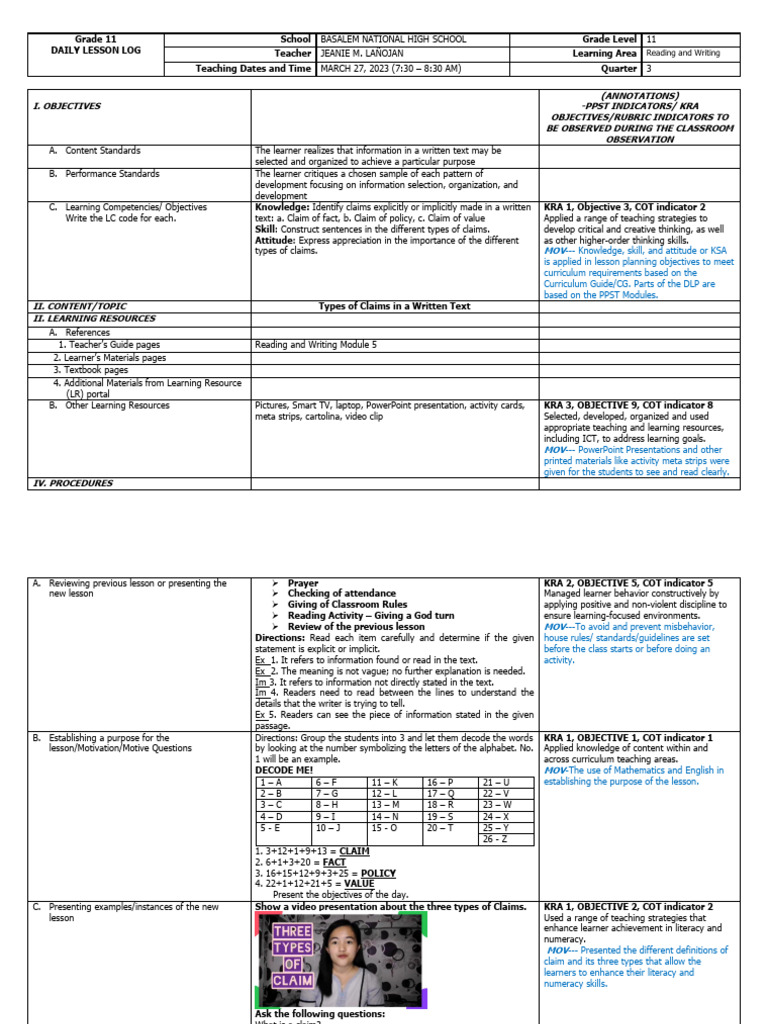 CO1- DLP-JEANIE-Reading and Writing 2023 Annotation | PDF | Learning | Curriculum