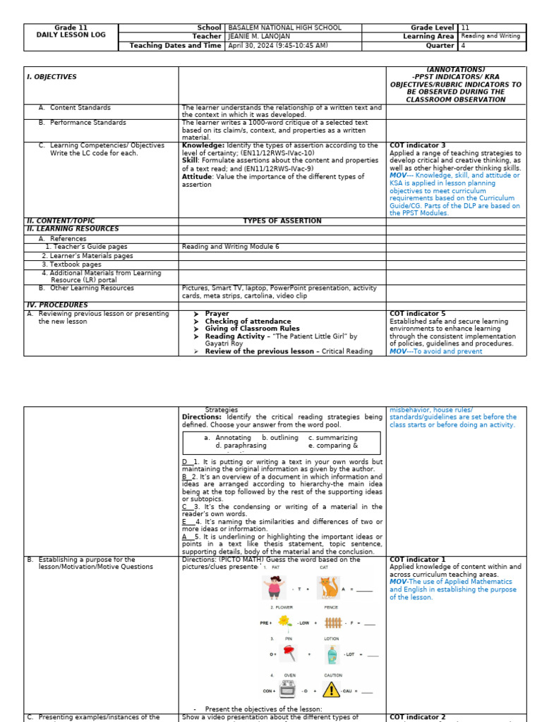 CO2 - DLL-JEANIE-Reading and Writing - Assertion | PDF | Learning | Curriculum