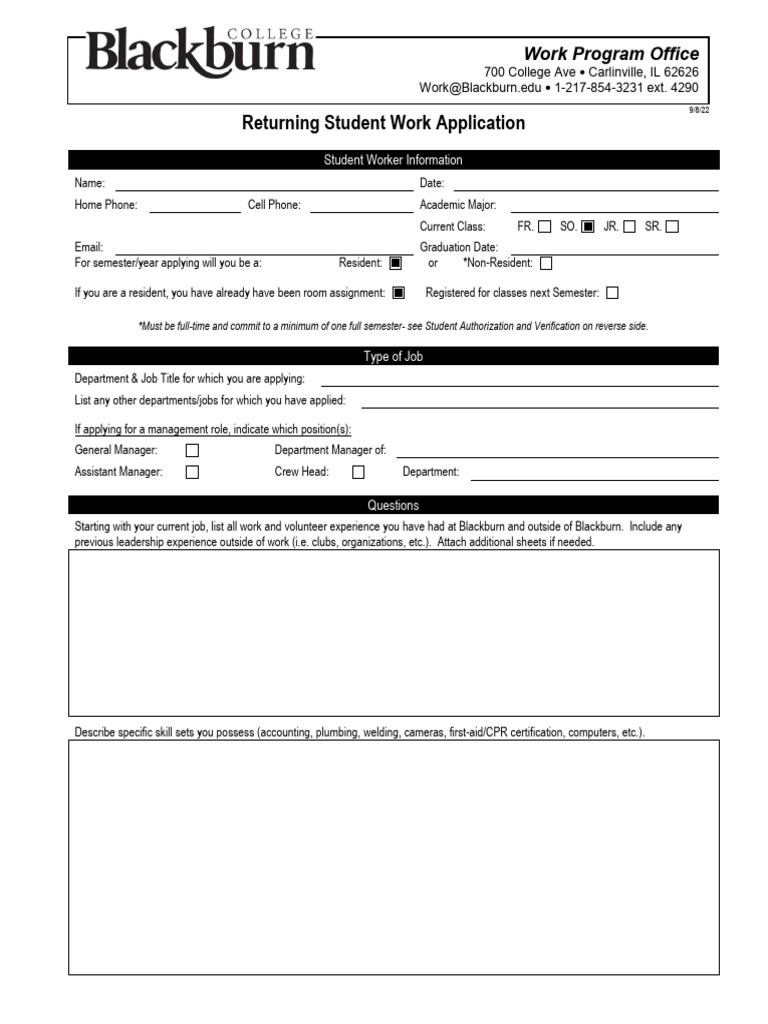 Blackburn College Work Program Returning Student Job Application Fillable Updated FA22 | PDF