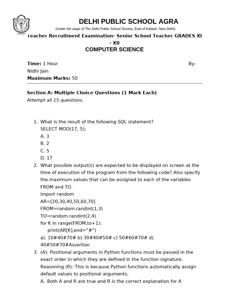 DPS Agra Computer Science Teacher Exam | PDF | Parameter (Computer Programming) | Sql