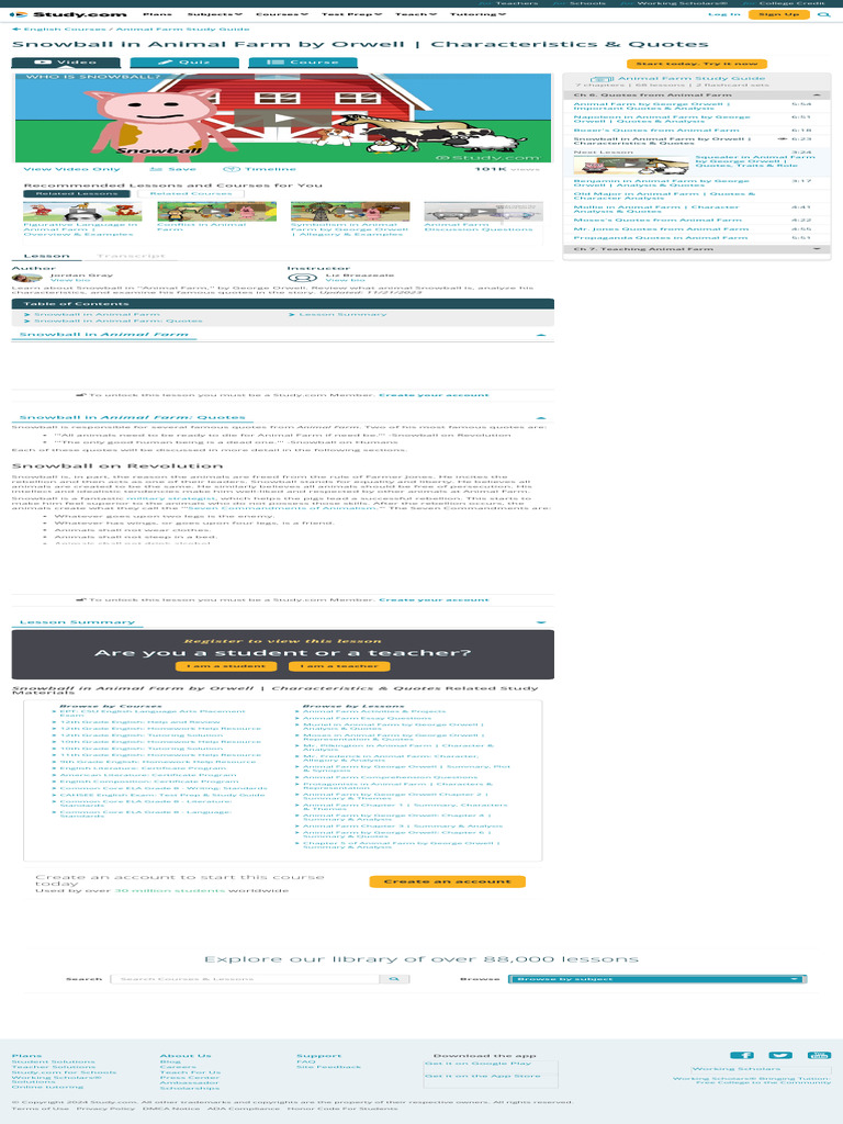 Snowball in Animal Farm by Orwell Characteristics & Quotes - Lesson | PDF