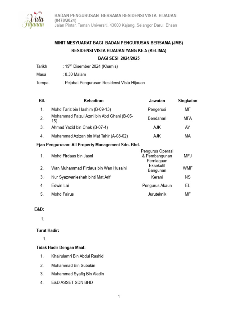 Minit Mesyuarat Bagi Badan Pengurusan Bersama (JMB) Residensi Vista ...