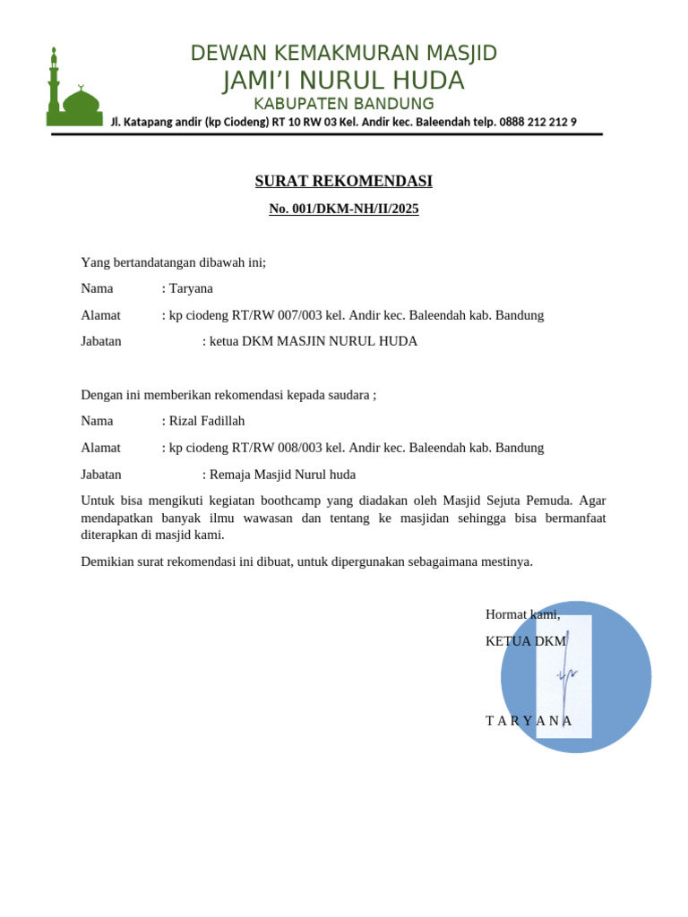 Contoh Surat Rekomendasi Masjid | PDF