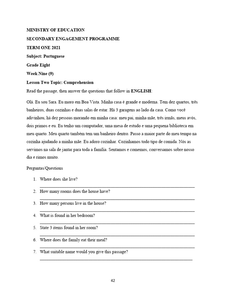 Grade 8 Portuguese Week 9 Lesson 2 | PDF