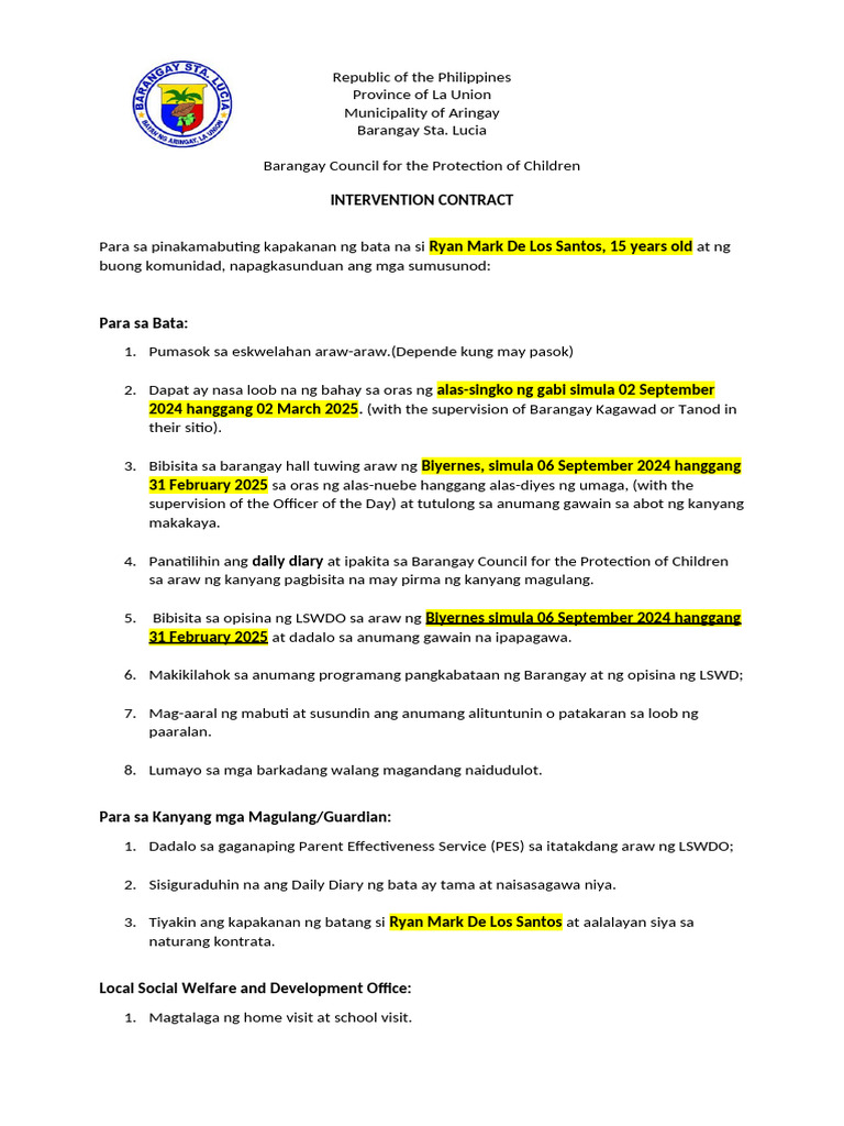 Intervention Contract Ryan Mark de Los Santos | PDF