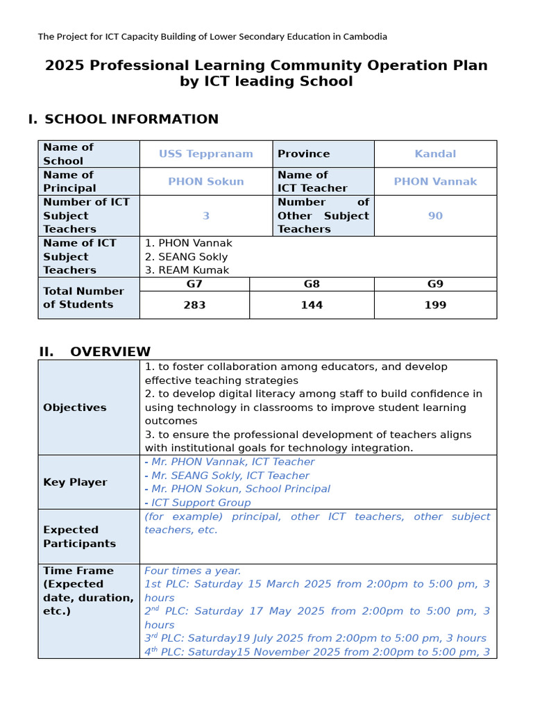 FORM 1 Province School Name PCL Operational Plan Date | PDF ...