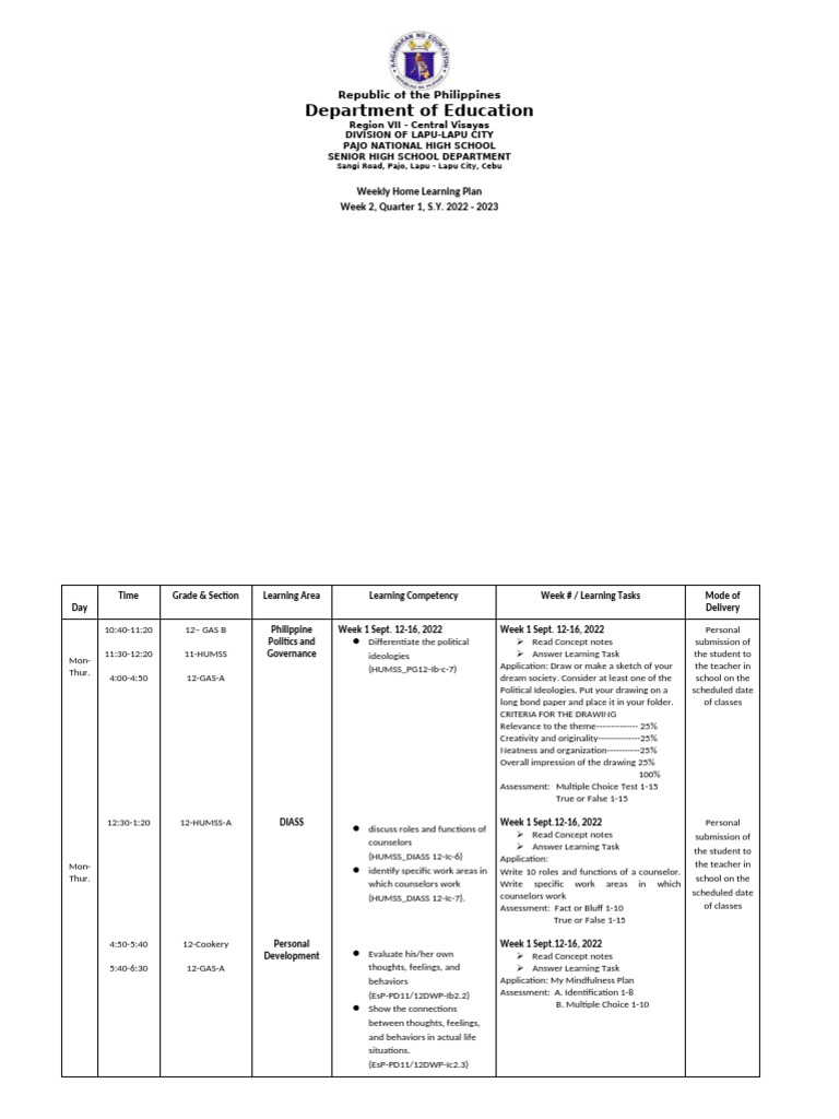 Weekly Home Learning Plan - Week 2 | PDF | Learning | Cognitive Science