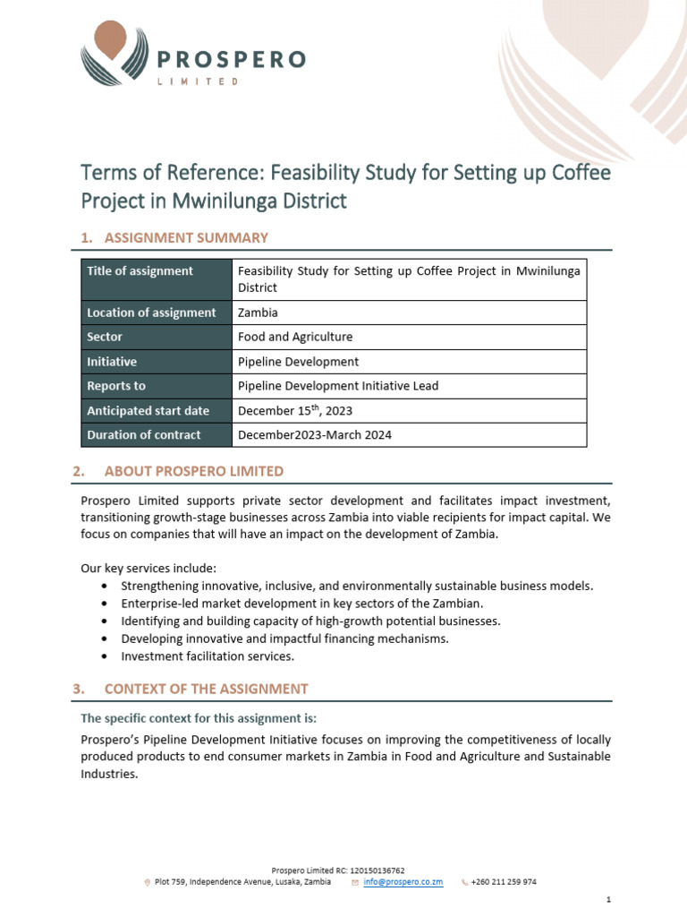 Feasibility Study Coffee Project TOR | PDF | Feasibility Study | Zambia