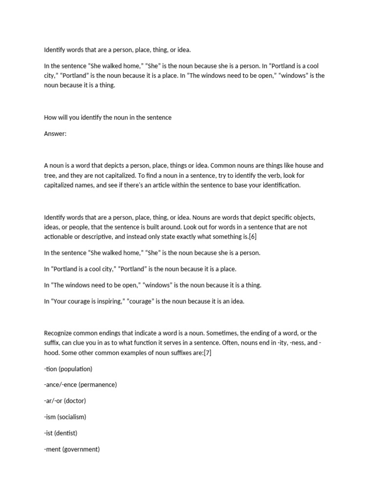 Identifying Nouns in Sentences | PDF | Noun | Word