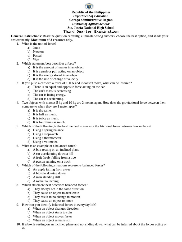 3rd Quarter Exam | PDF | Force | Velocity
