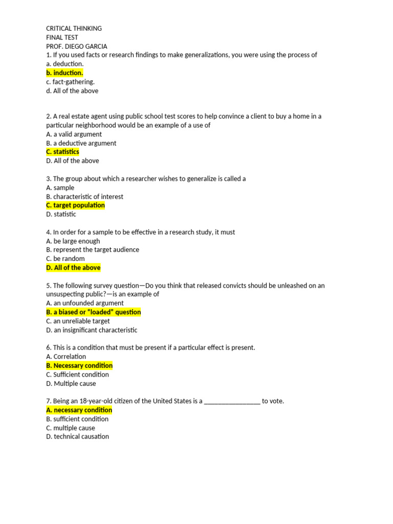 Final Exam Critical Thinking | PDF | Argument | Deductive Reasoning