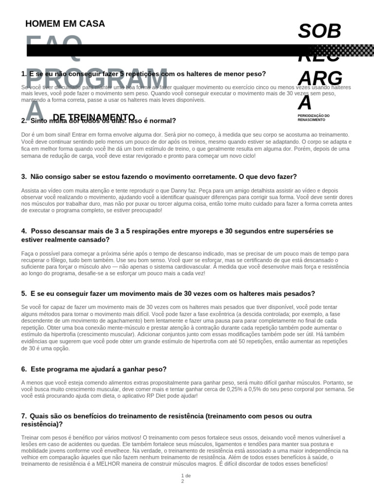 RP Masculino em Casa Programa de Treinamento FAQ 1 | PDF | Dor | Músculo