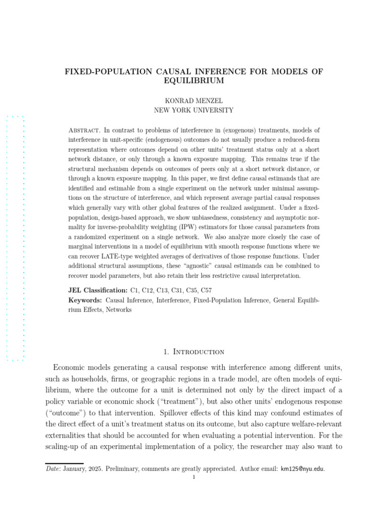 FIXED-POPULATION CAUSAL INFERENCE FOR MODELS OF EQUILIBRIUM | PDF | Estimator | Causality