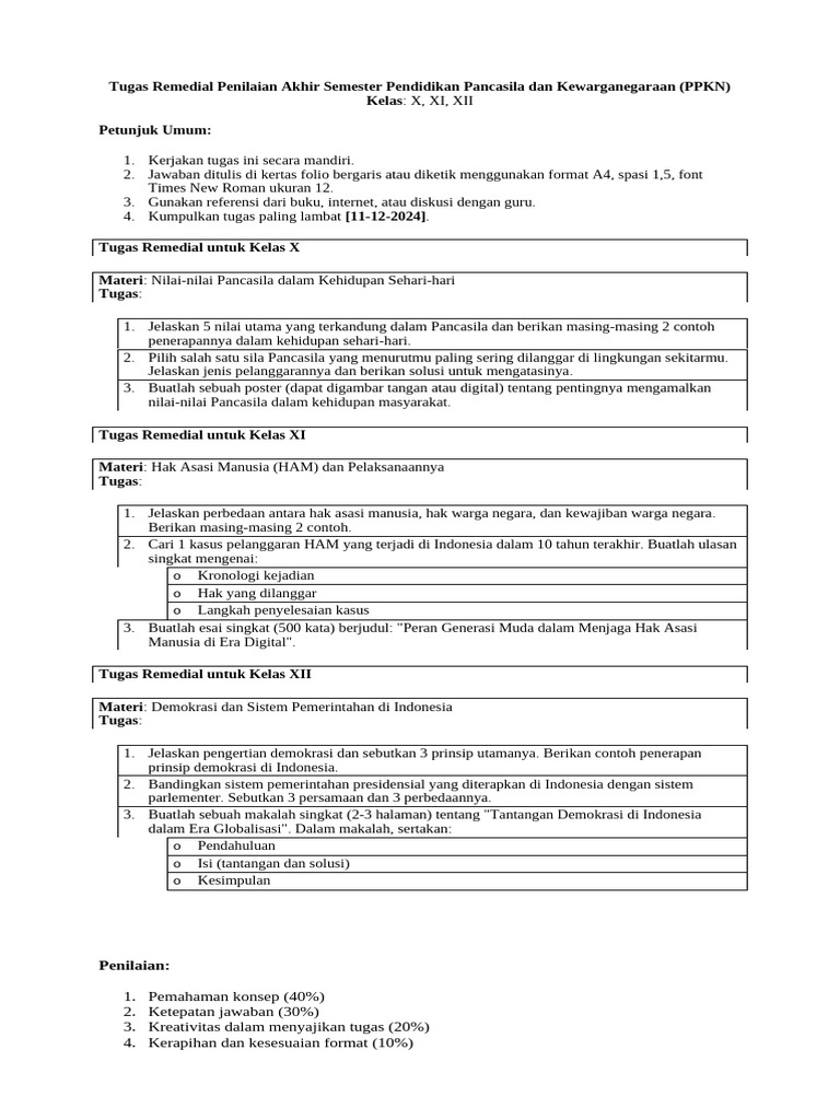 Tugas Remedial Penilaian Akhir Semester Pendidikan Pancasila Dan Kewarganegaraan | PDF