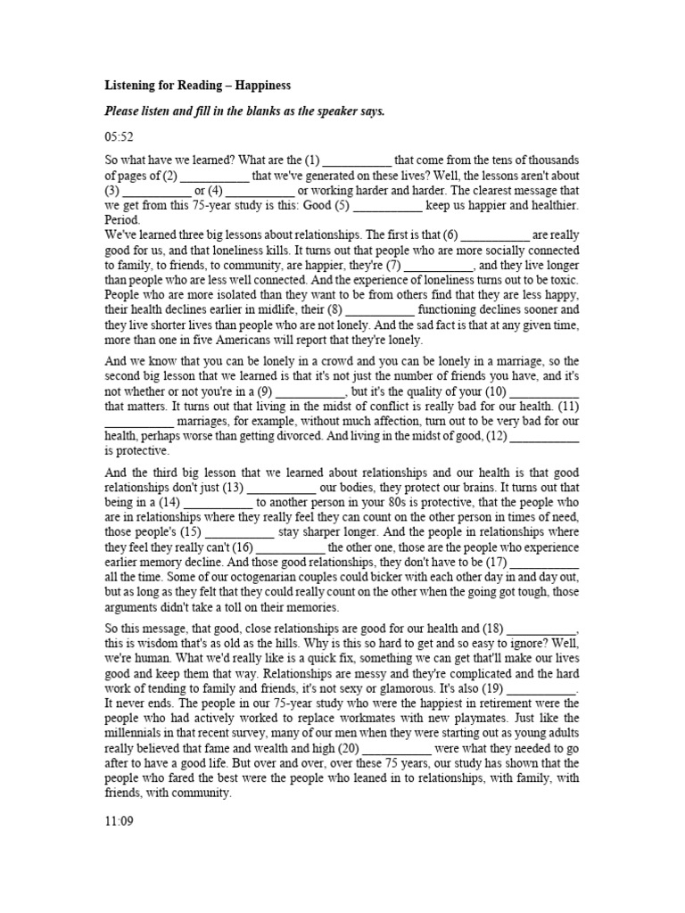 Listening For Reading - Happiness | PDF | Loneliness | Behavioural Sciences