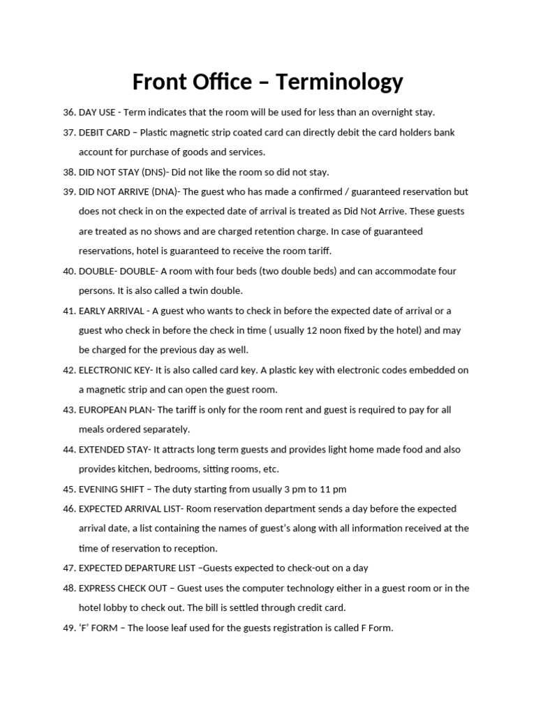 Front Office Terminologies 2 | PDF | Hotel