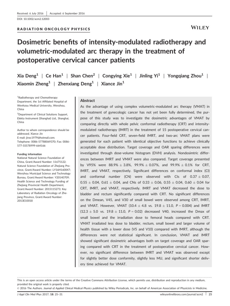 J Applied Clin Med Phys - 2016 - Deng - Dosimetric Benefits of Intensity Modulated Radiotherapy ...