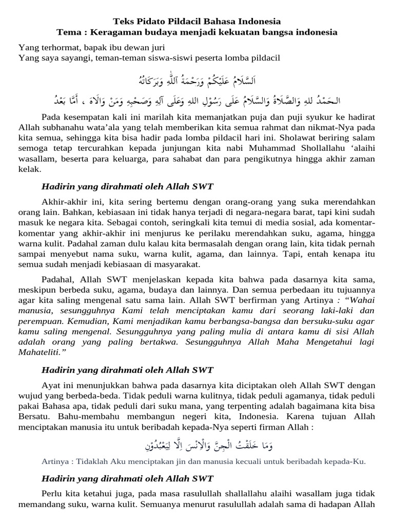 Teks Pidato Pildacil Bahasa Indonesia | PDF