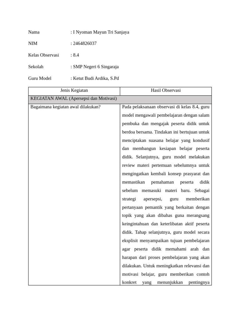 Observasi Proses Pembelajaran Guru Model - I Nyoman Mayun Tri Sanjaya | PDF