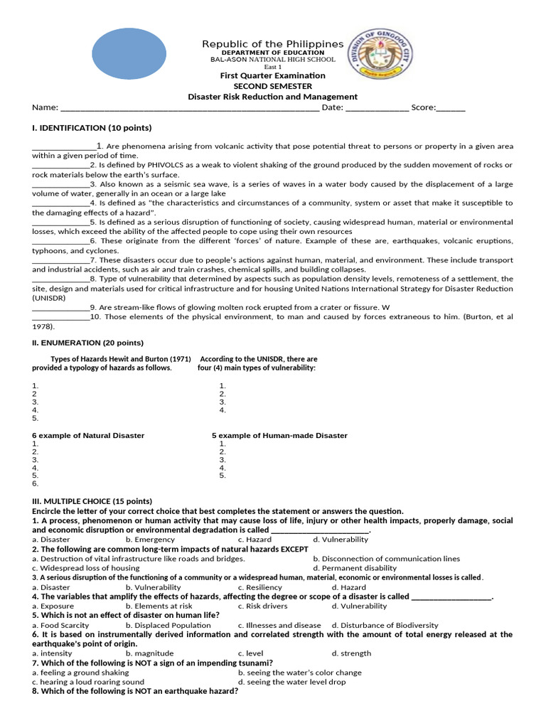 DRRM 1st Quarter Examination | PDF | Natural Disasters | Hazards