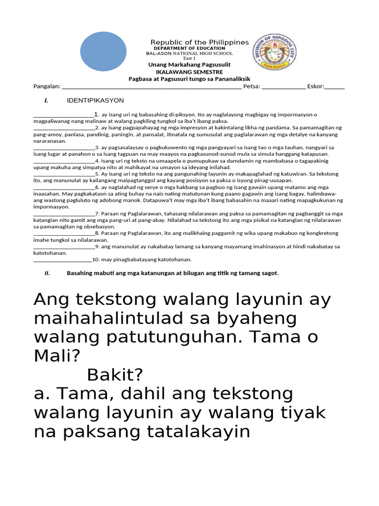 Pagbasa at Pagsusuri 1ST Quarter Exam | PDF