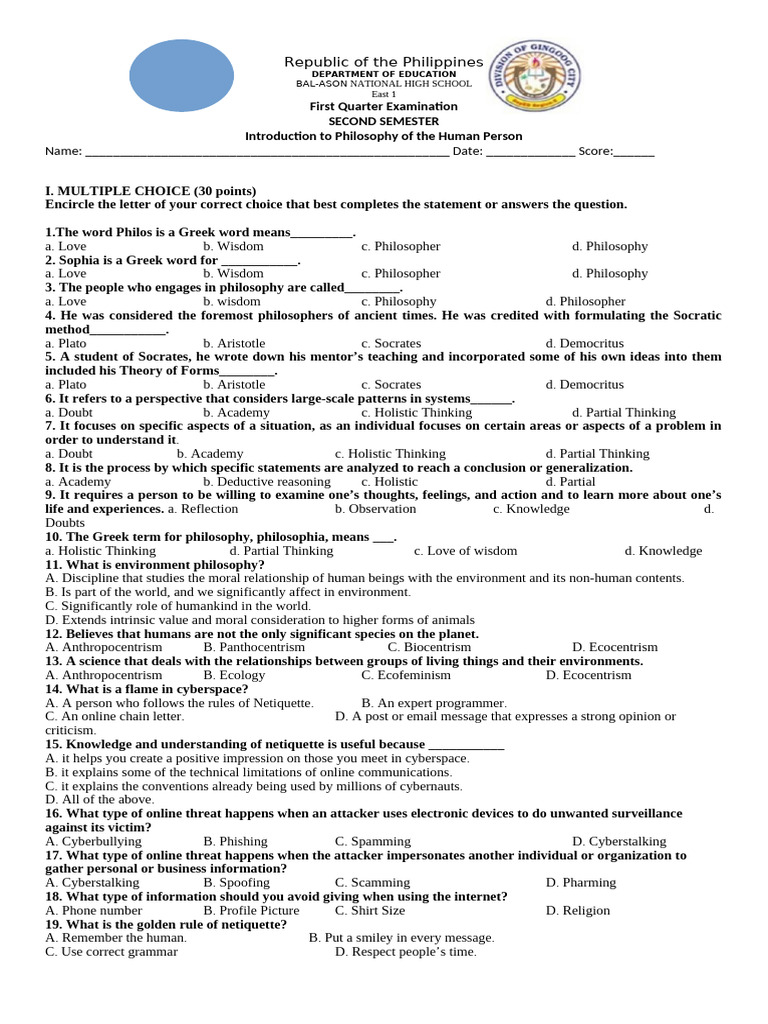 Philosophy 1st Quarter Examination | PDF | Socrates | Plato