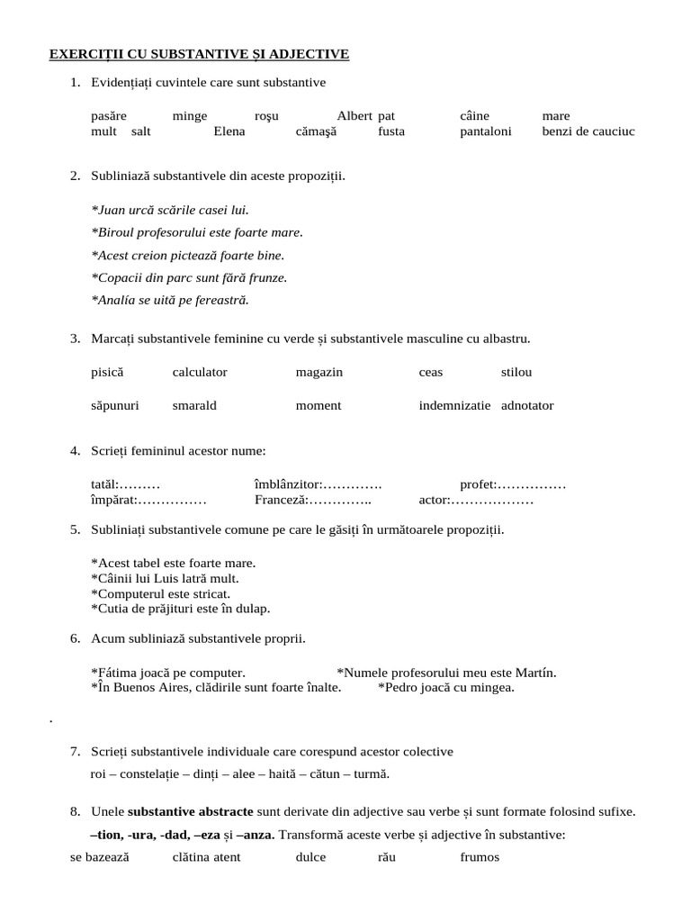 Exerciții Cu Substantive Și Adjective | PDF