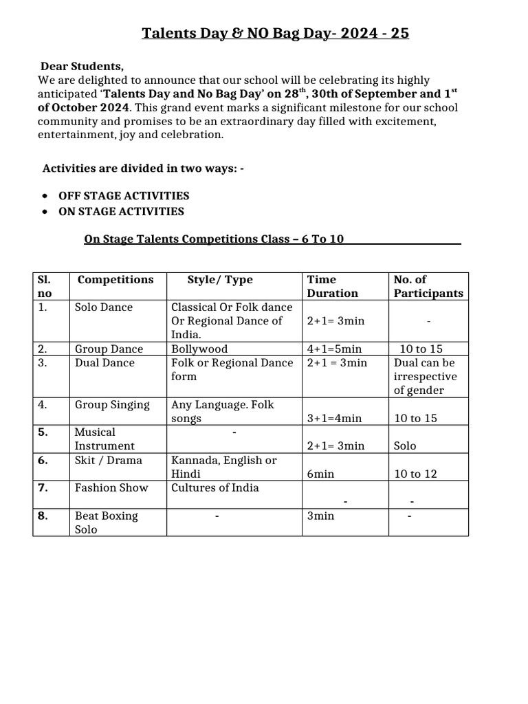 Talentia & No Bag Day 24-25 | PDF | Performing Arts | Entertainment