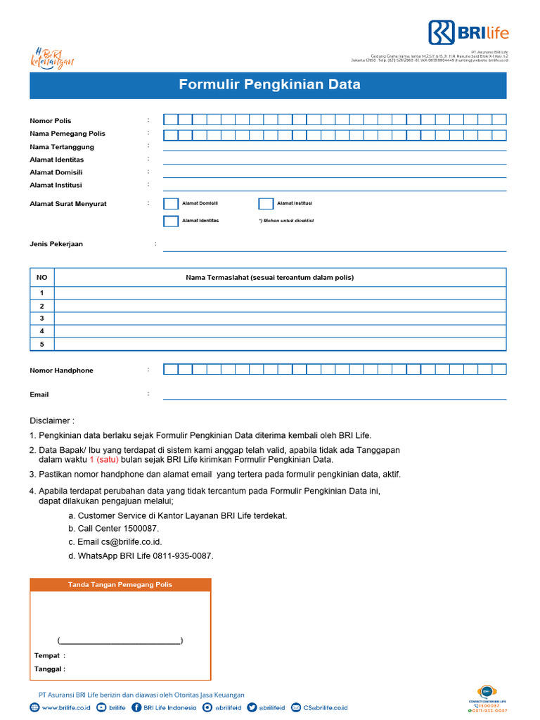Formulir Pengkinian Data BRI Life | PDF