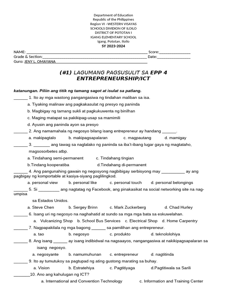 ST 1 - Epp 4 - Q1 | PDF