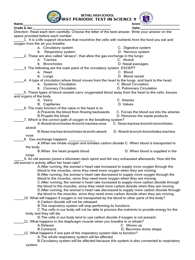 1st-periodic-test-science-g9-22-23 | PDF | Respiratory System ...