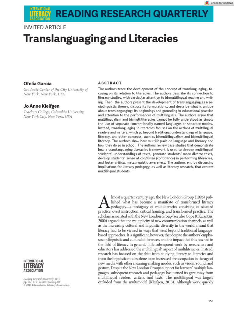 Reading Research Quarterly - 2019 - García - Translanguaging and ...