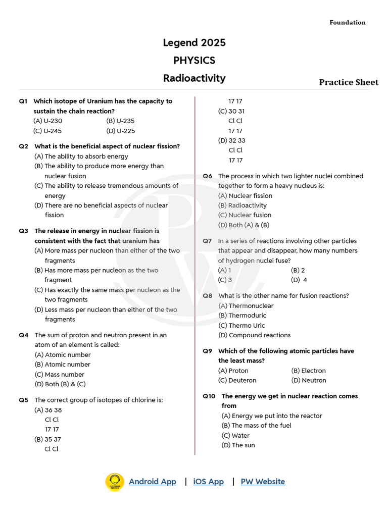 Radioactivity _ Practice Sheet (Only PDF) __ Legend 2025 | PDF | Nuclear Fusion | Nuclear Fission
