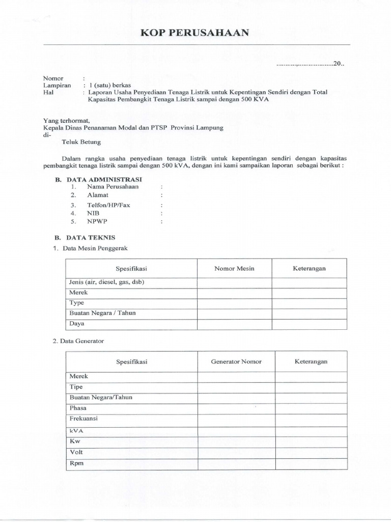 Form SKT Genset Di Bawah 500 KWH | PDF